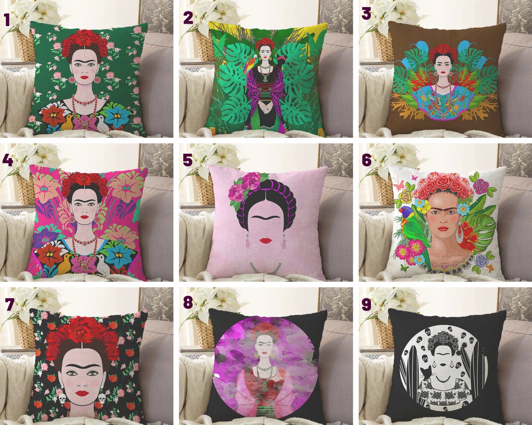Frida Kahlo Cushion Cover, Green Floral Pillow Case, Mexican Artist ...
