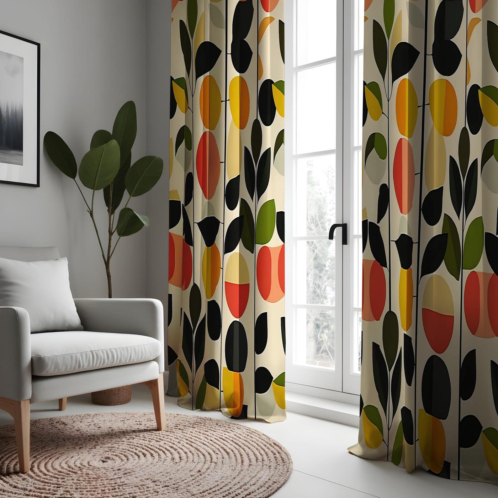 Mid Century Modern Floral Curtains, Bold Abstract Leaf and Flower ...