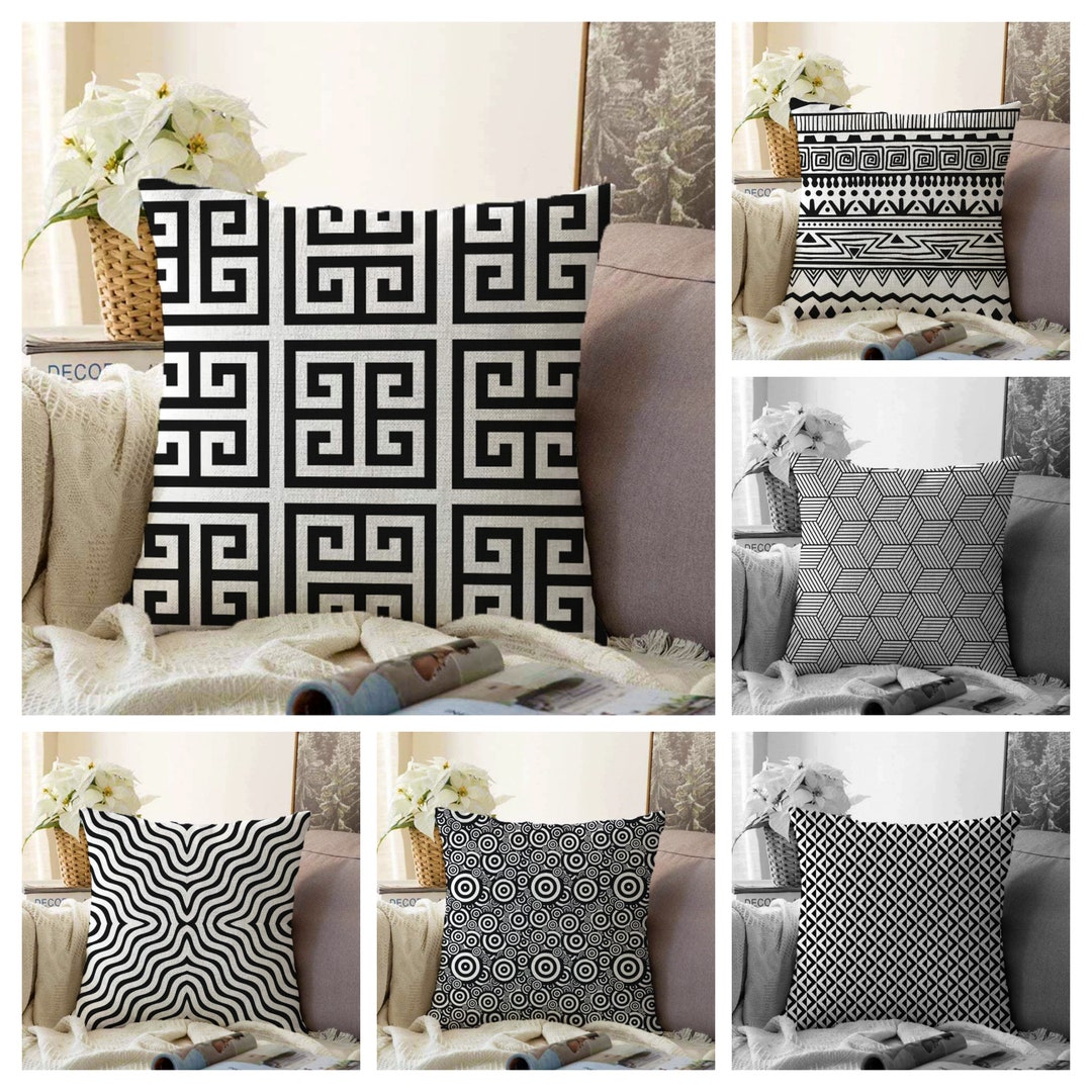 Greek Key Pattern Pillow Cover, Black White Geometric Pillow Case, Boho ...