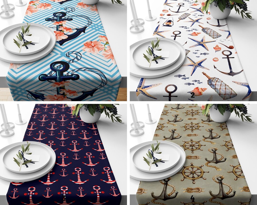 Anchor and Wheel Table Top/navy Blue Nautical Table Runner/starfish ...