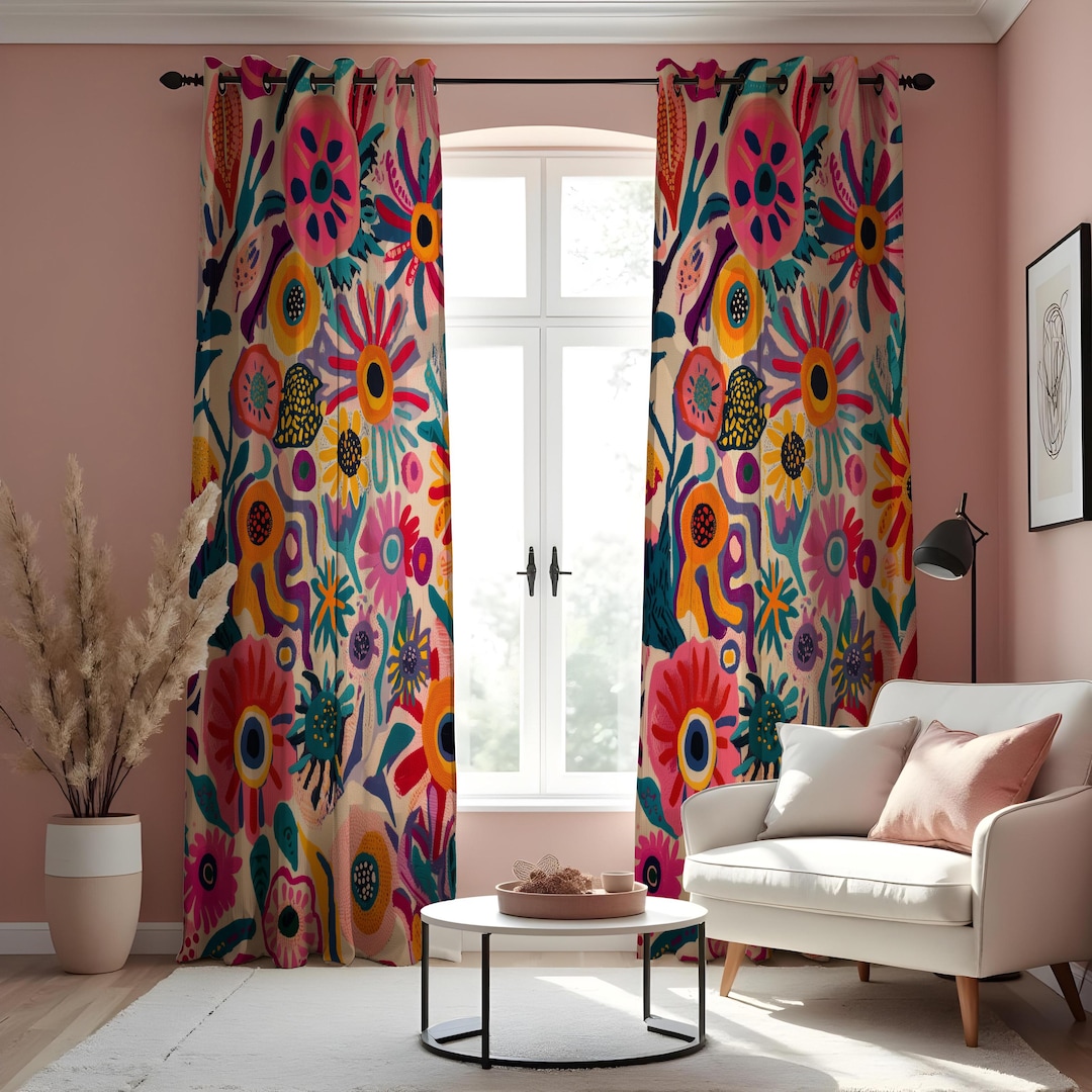 Vibrant Boho Floral Curtains, Colorful Folk Art Flower Pattern Bold ...