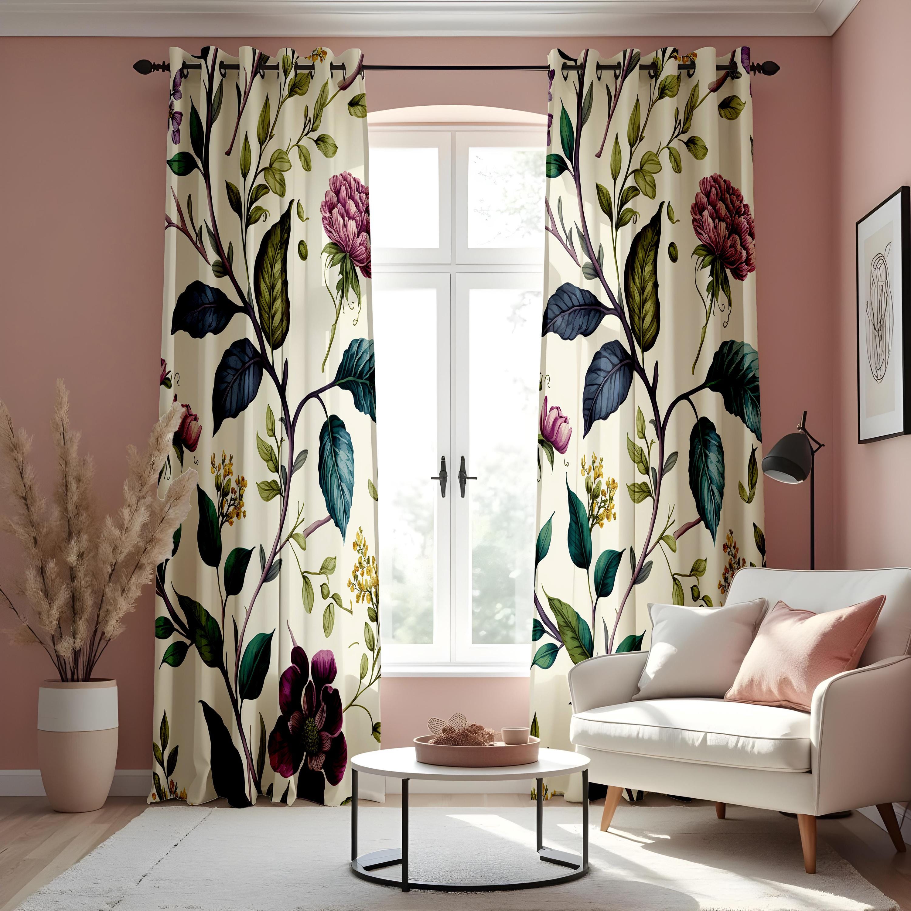 Floral Print Curtains, Botanical Flower Window Treatments, Spring Theme ...