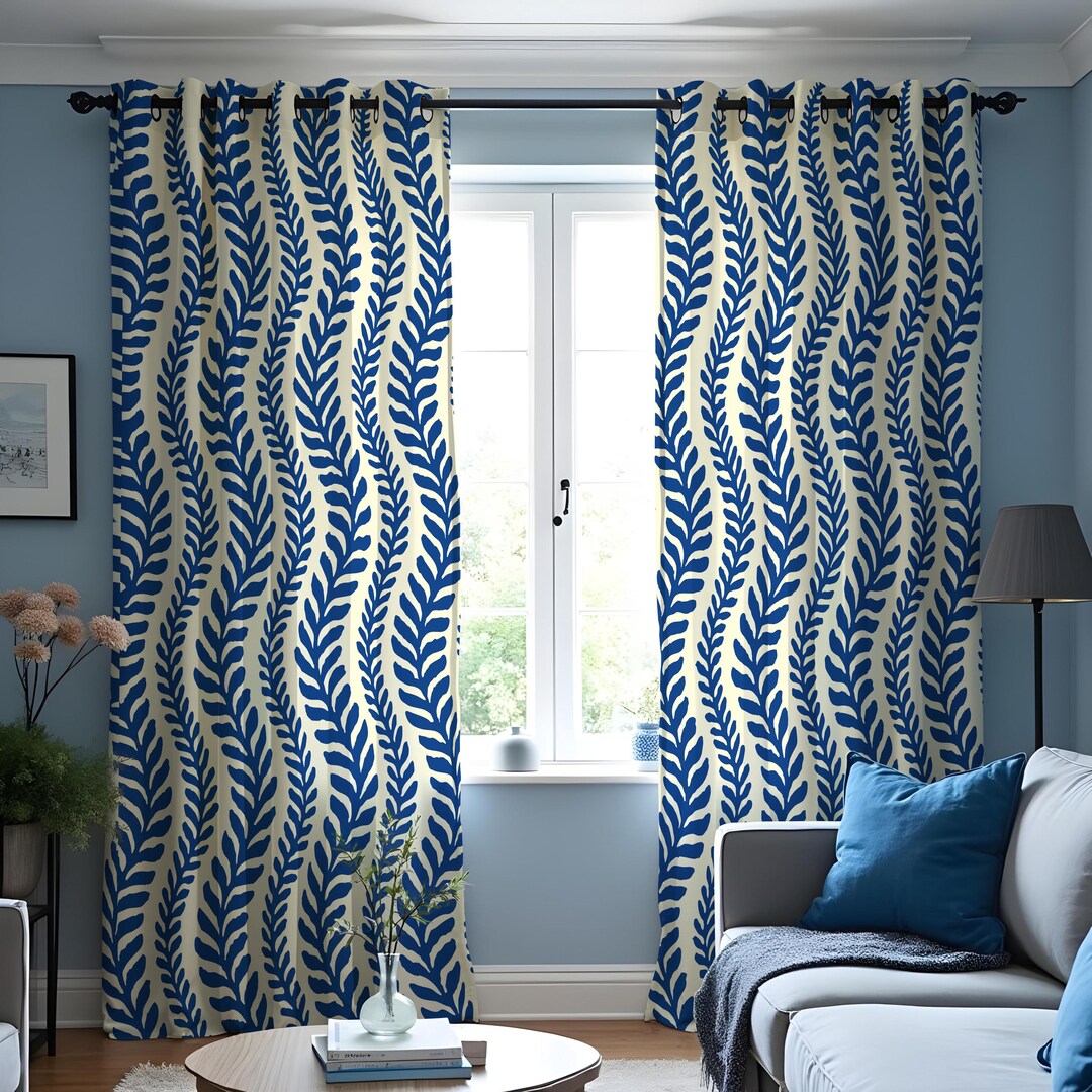 Nautical Blue Leaf Print Curtains, Coastal Wave Pattern Drapes, Navy ...
