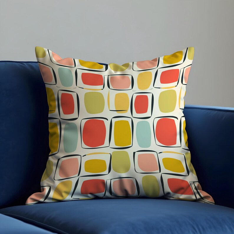 Retro Abstract Cushion Cover, Mid Century Square Pattern Pillow Case ...