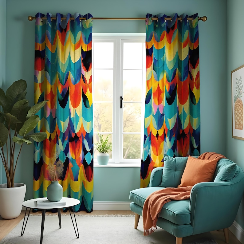 Vibrant Geometric Curtains, Bold Multi-colored Wave Drapes, Colourful ...