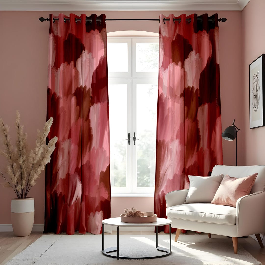 Abstract Brushstroke Curtains, Deep Red & Pink Artistic Painted Drapes ...