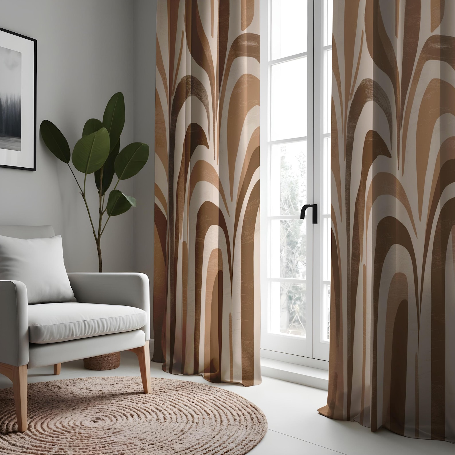 Retro Wave Stripe Curtains, Brown Earth Tone Drapes, Boho Arch Pattern ...
