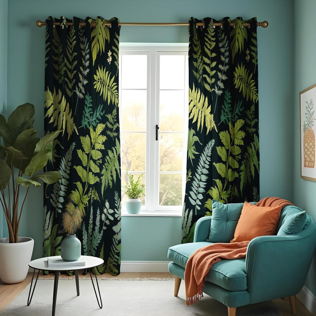 Fern Print Curtain, Green Leafy Drape, Tropical Plant Window Treatment ...