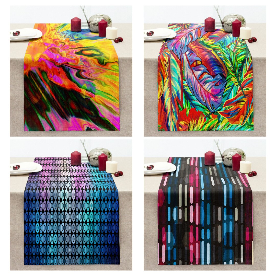 Vivid Colourful Table Runner, Bright Retro Table Cloth, Geometric ...