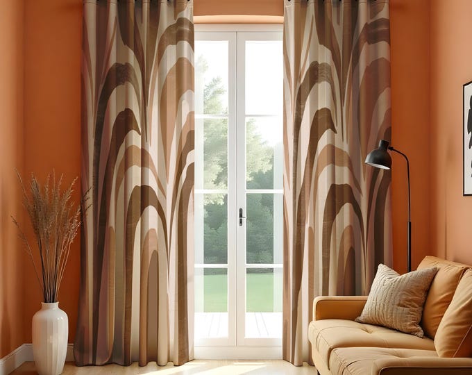 Retro Wave Stripe Curtains, Brown Earth Tone Drapes, Boho Arch Pattern ...