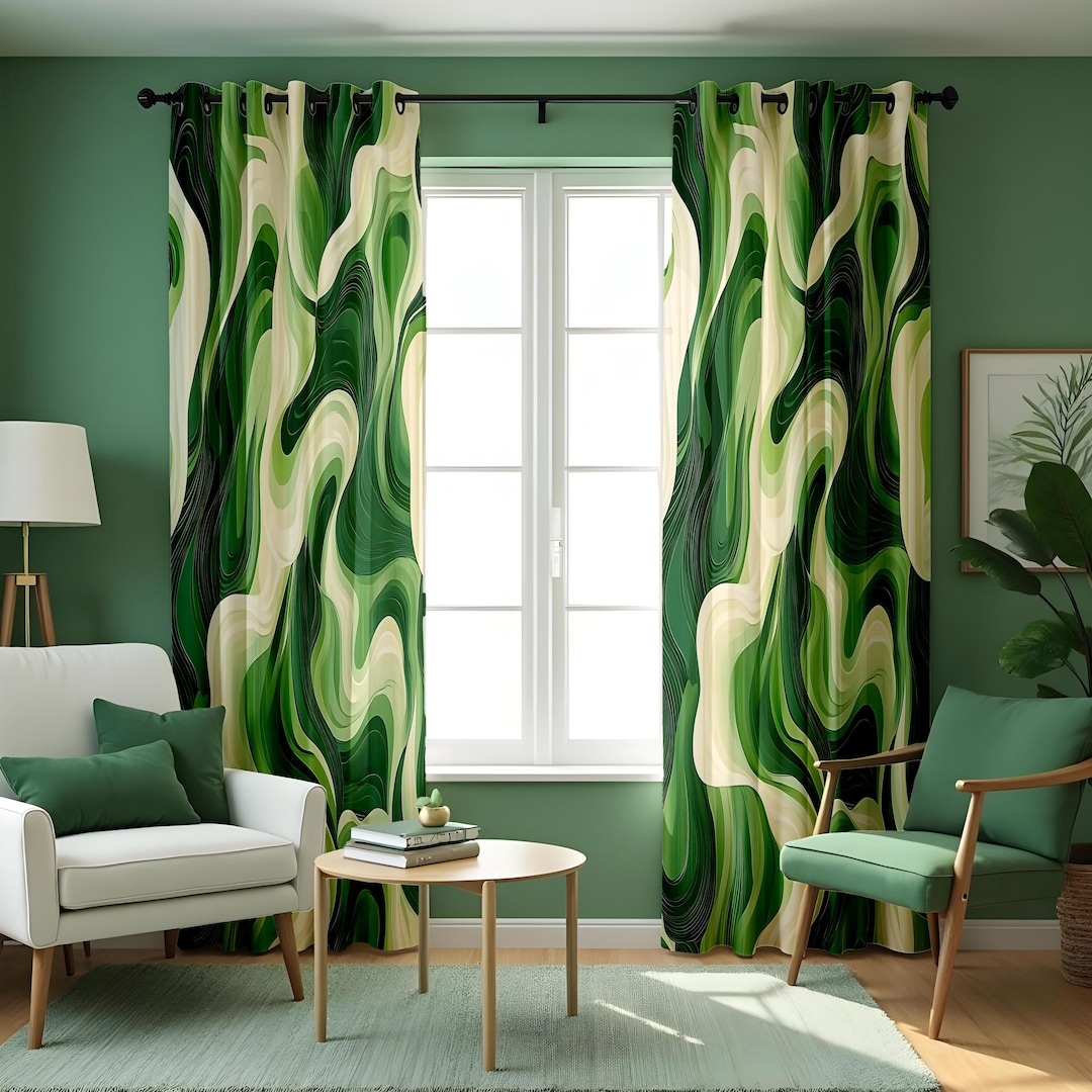 Green Wavy Pattern Curtains, Modern Bold Fluid Shape Drapes, Abstract ...