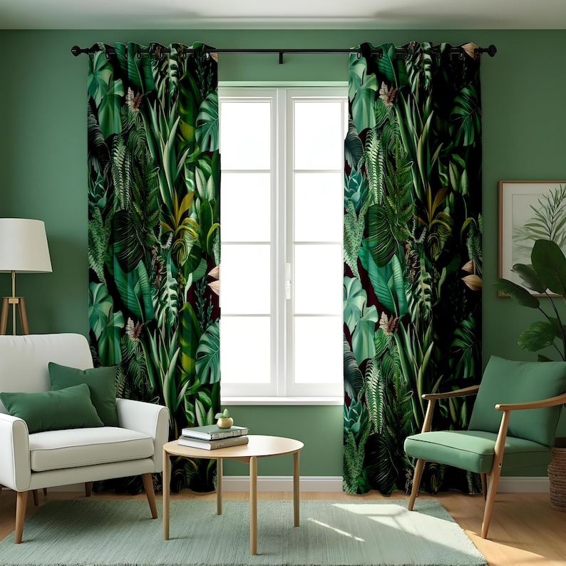 Tropical Fern & Leaf Print Curtains, Lush Greenery Drapes, Jungle ...