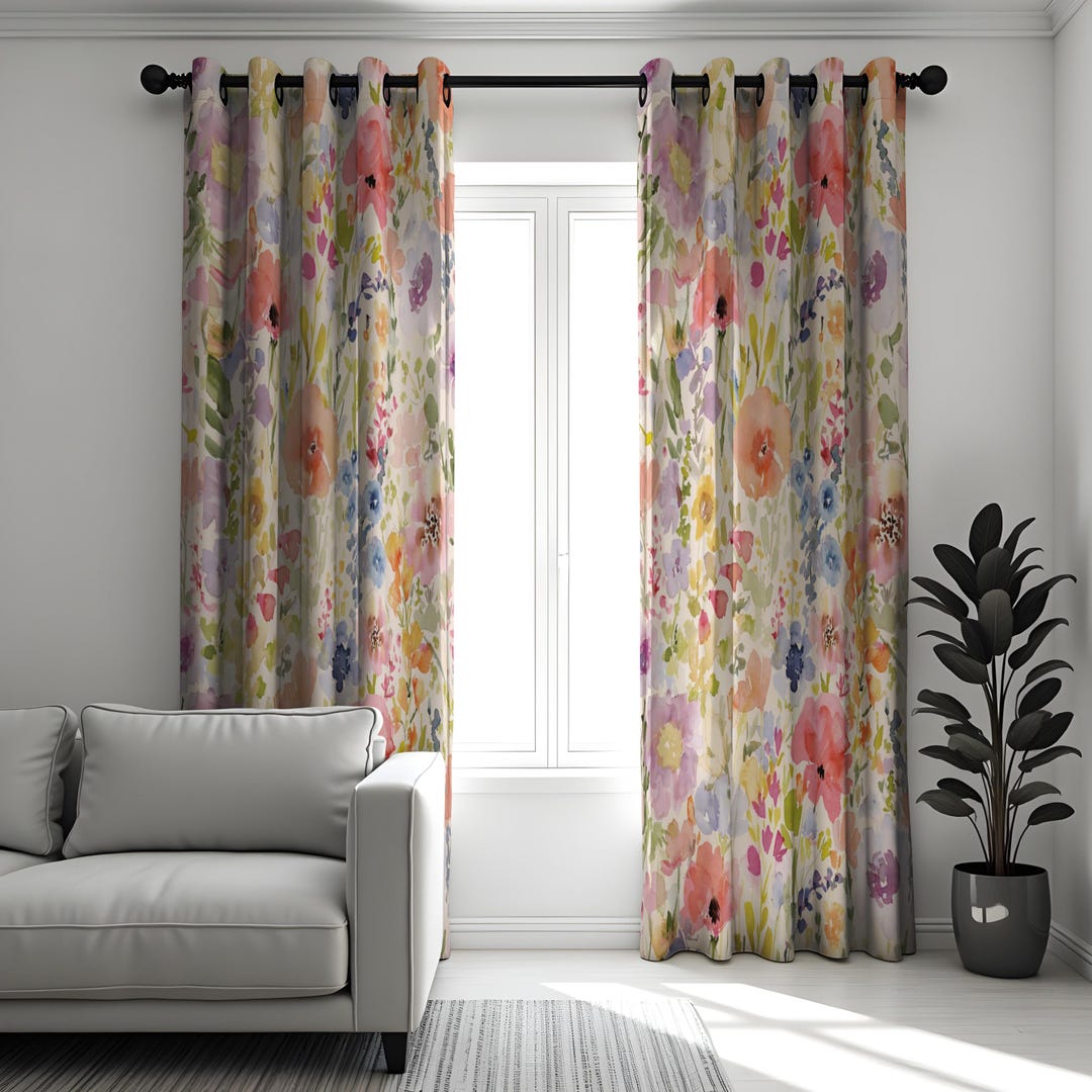 Floral Print Curtains, Watercolor Flowers Soft Pastel Drapes, Custom ...
