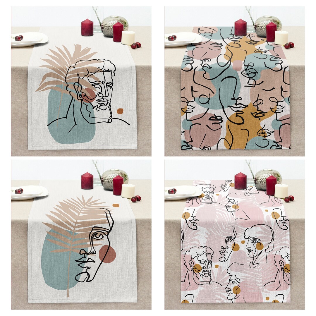 One Line Drawing Table Runner, Abstract Face Table Top, Mid Century ...