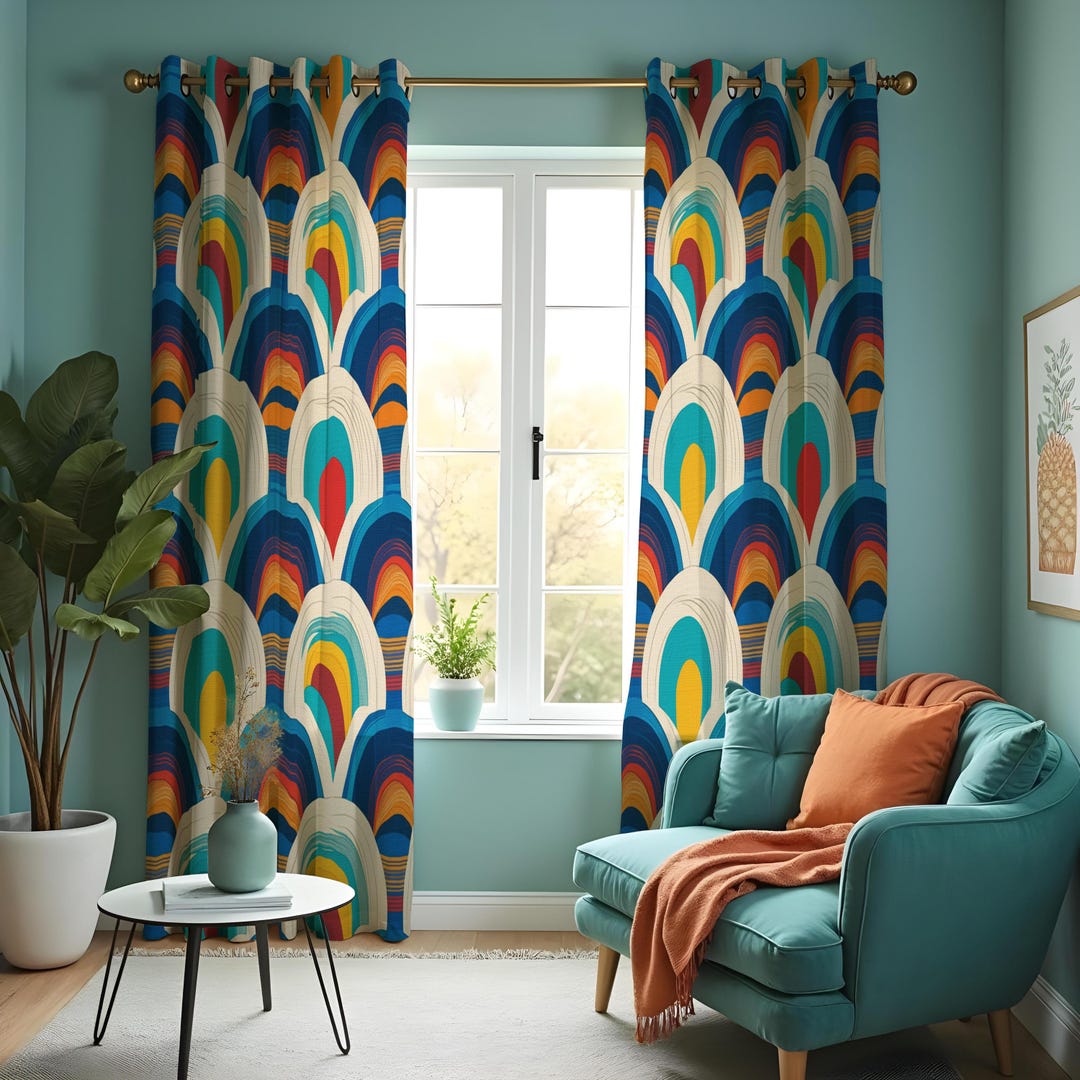 Retro Rainbow Curtains, Mid Century Modern Arch Pattern Drapes, Bold ...