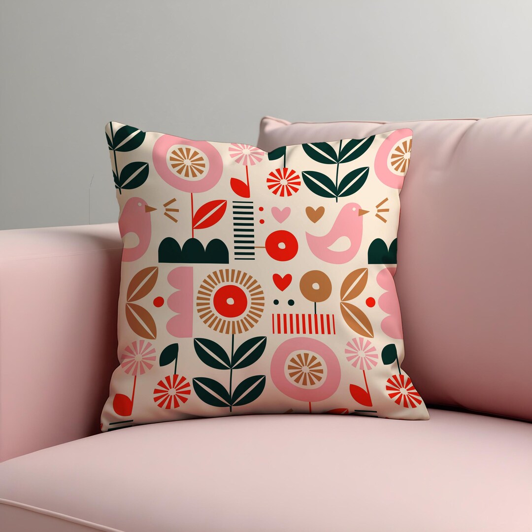 Scandi Folk Art Cushion Cover, Pink Bird & Floral Throw Pillow Cover ...