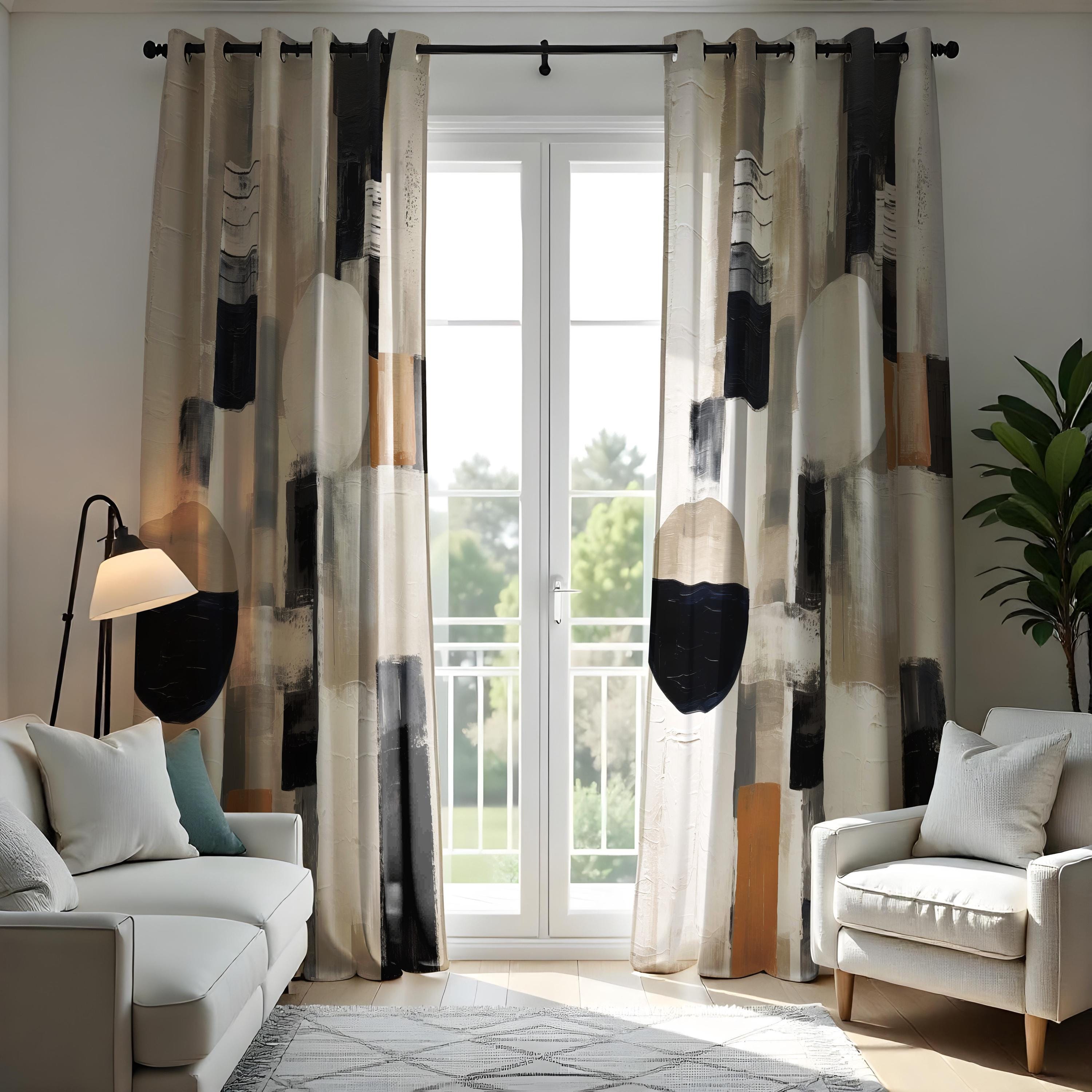Modern Abstract Curtains, Bold Geometric Shape Drapes, Black & Beige ...