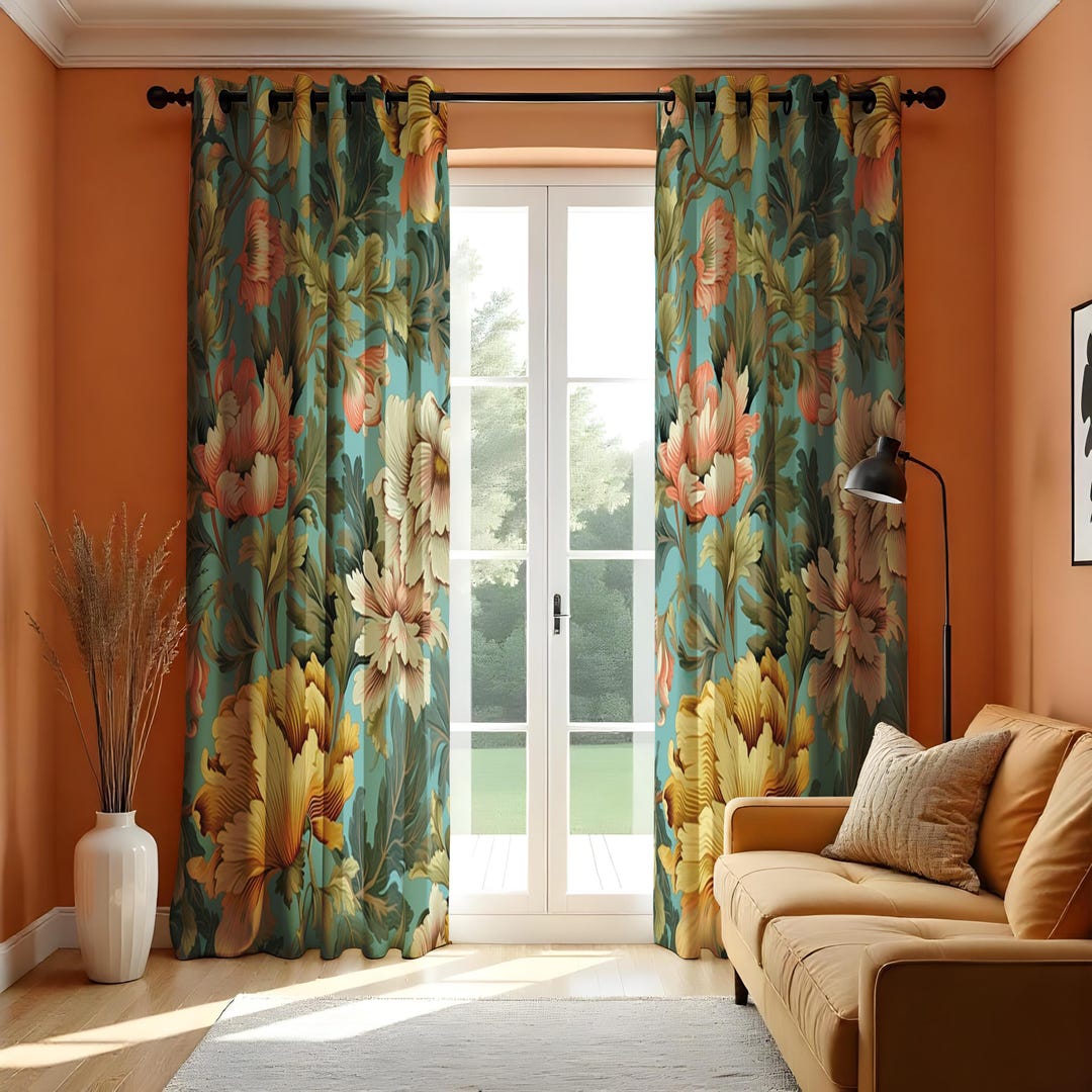 Vibrant Floral Curtain, Tropical Flower Print Drape, Botanical Window ...