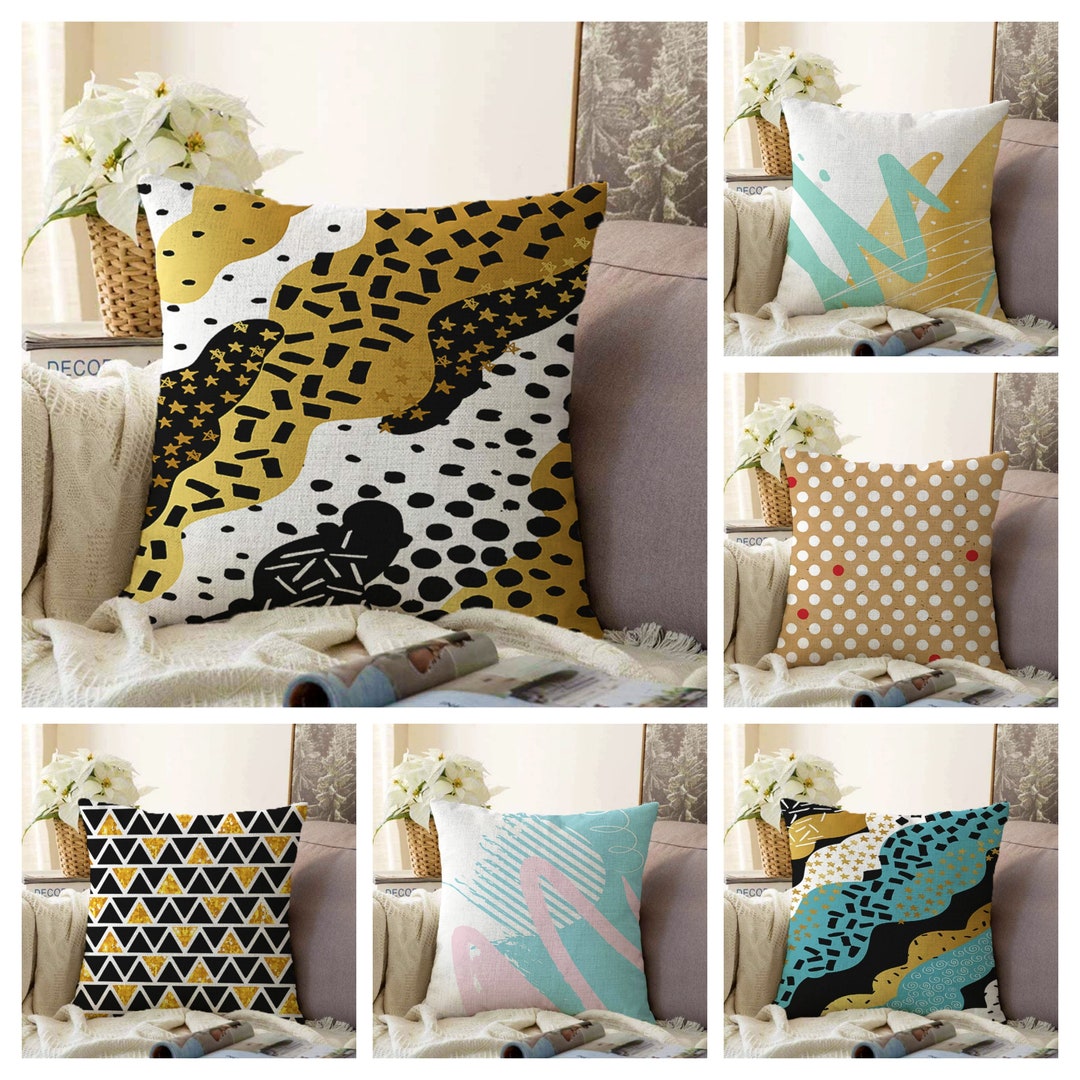 Gold Abstract Drawing Modern Cushion Cover, Geometric Watercolor Pillow ...