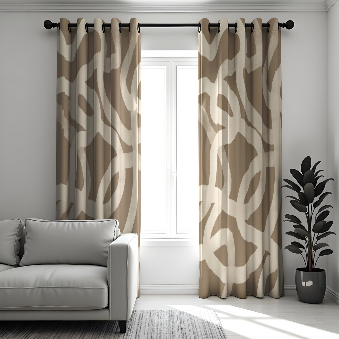 Abstract Neutral Brown & Cream Curtain, Modern Geometric Drape ...