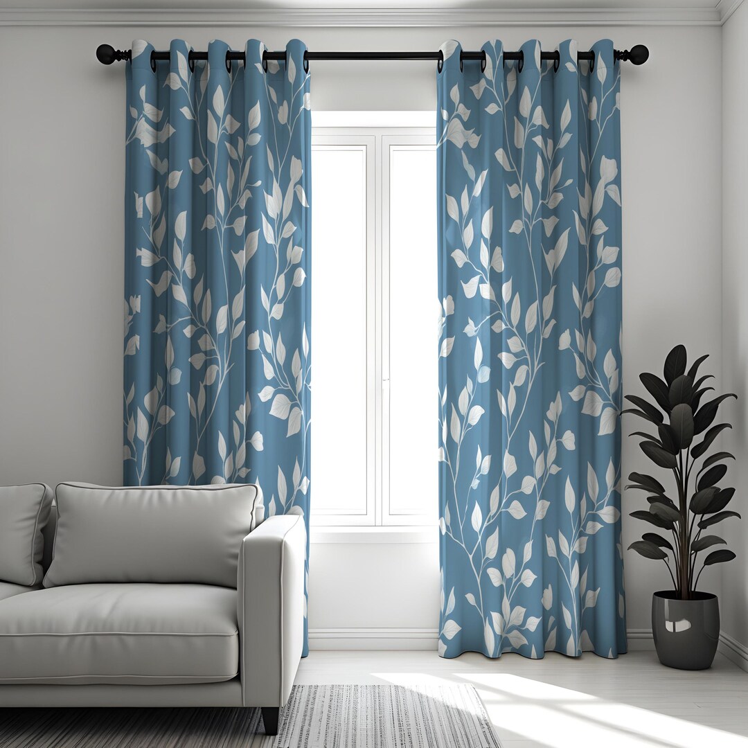 Blue Botanical Leaf Pattern Curtains, White Leaves Print Drapes, Modern ...