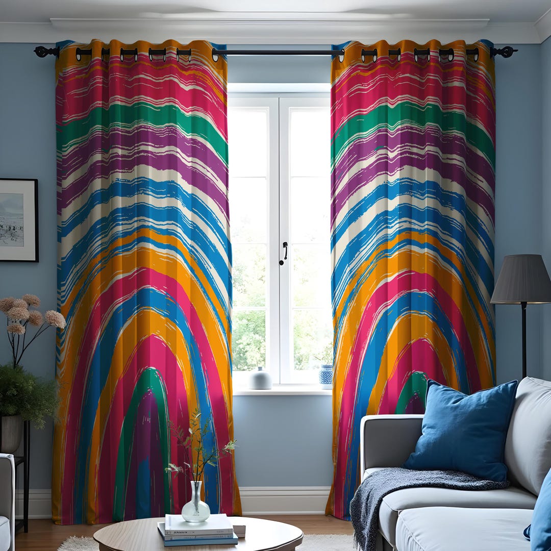 Rainbow Striped Curtains, Colorful Boho Window Panels, Bright Modern ...