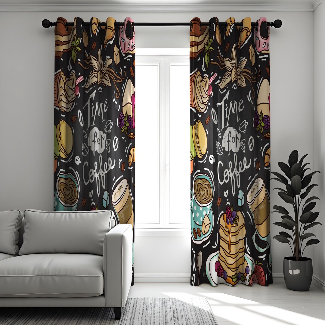 Coffee Lover Curtains, Fun Cafe Print Drapes With Sweets & Treats ...