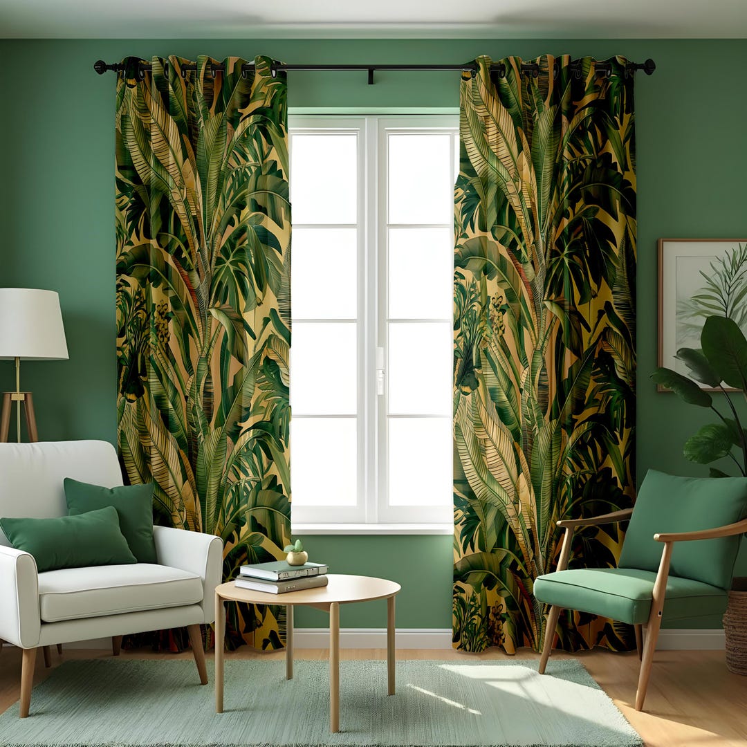 Tropical Jungle Curtains, Green Banana Leaf Drapes, Botanical ...