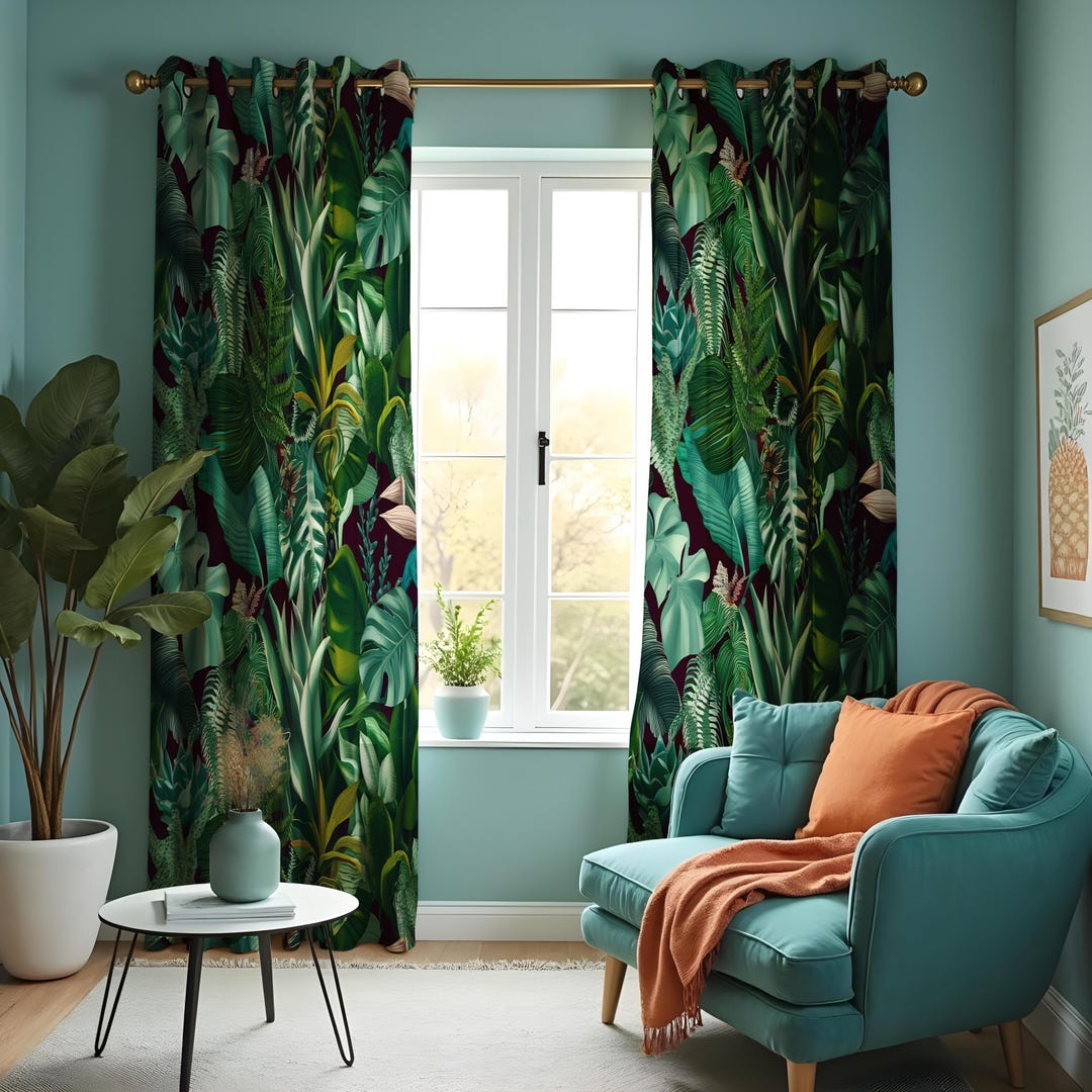 Tropical Fern & Leaf Print Curtains, Lush Greenery Drapes, Jungle ...