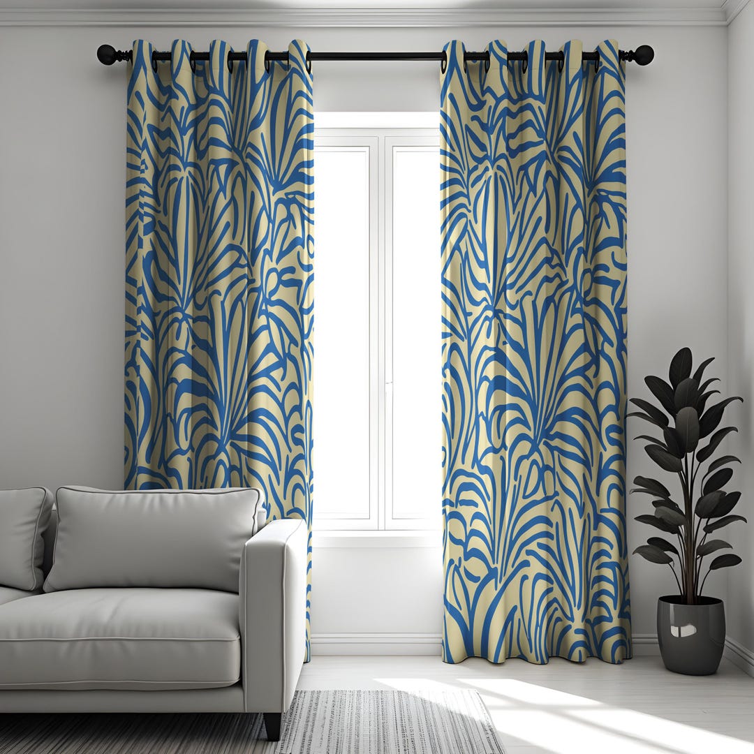 Blue Beige Tropical Leaf Curtains, Bold Botanical Flower Drapes, Modern ...