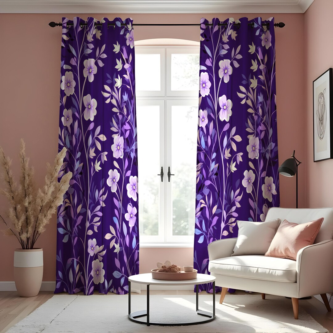 Purple Floral Curtains, Botanical Print Drapes, Lilac and Lavender ...