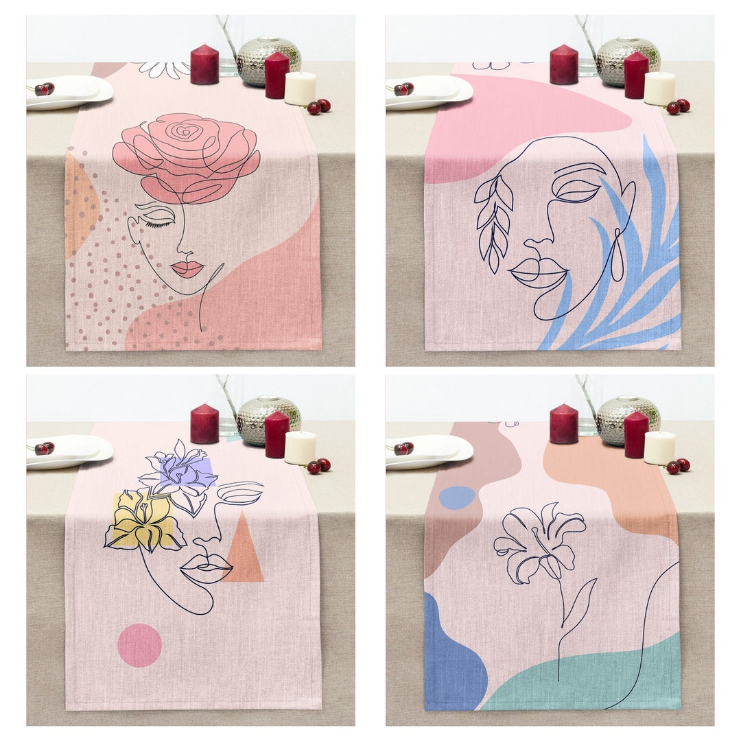 Abstract Table Runner, One Line Drawing Table Cloth, Pink Table ...