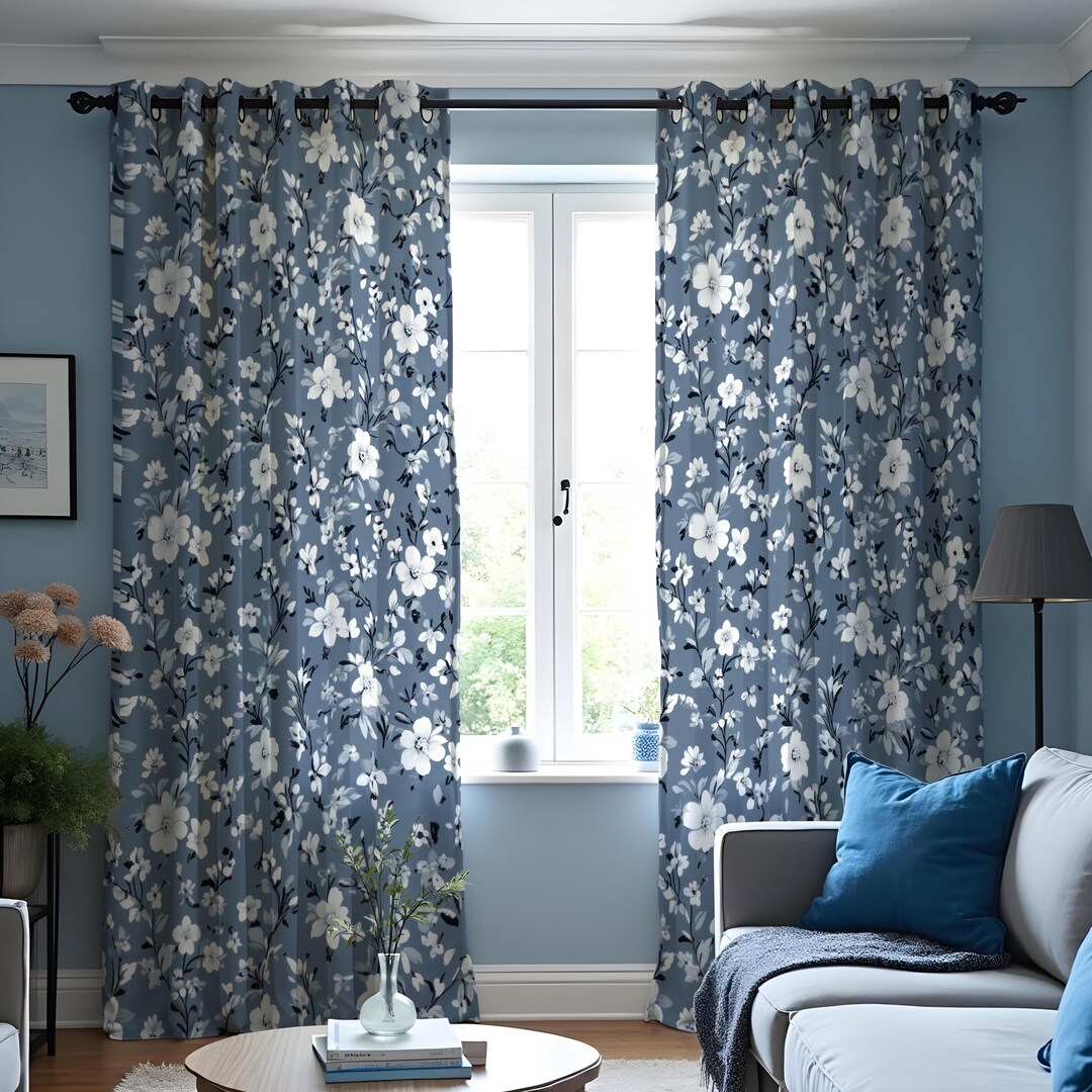 Blue Floral Curtains, White Blossom Print Drapes, Botanical Custom Made ...