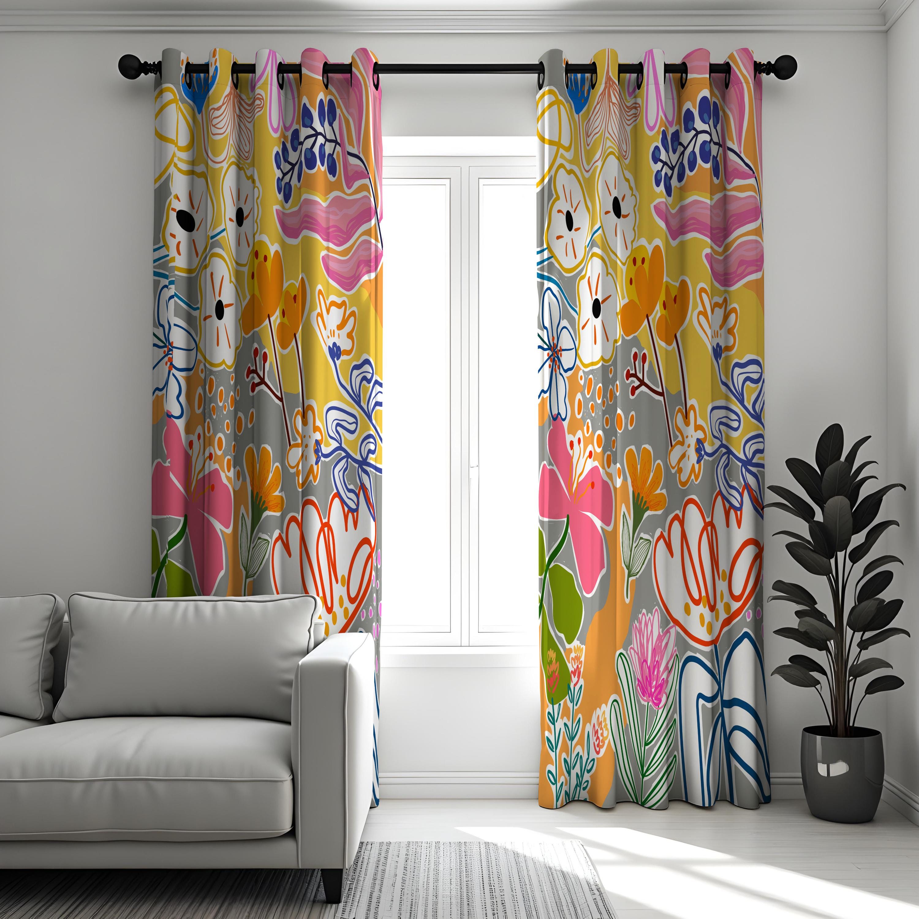 Bright Floral Curtains, Colorful Abstract Flower Drapes, Boho Art Print ...