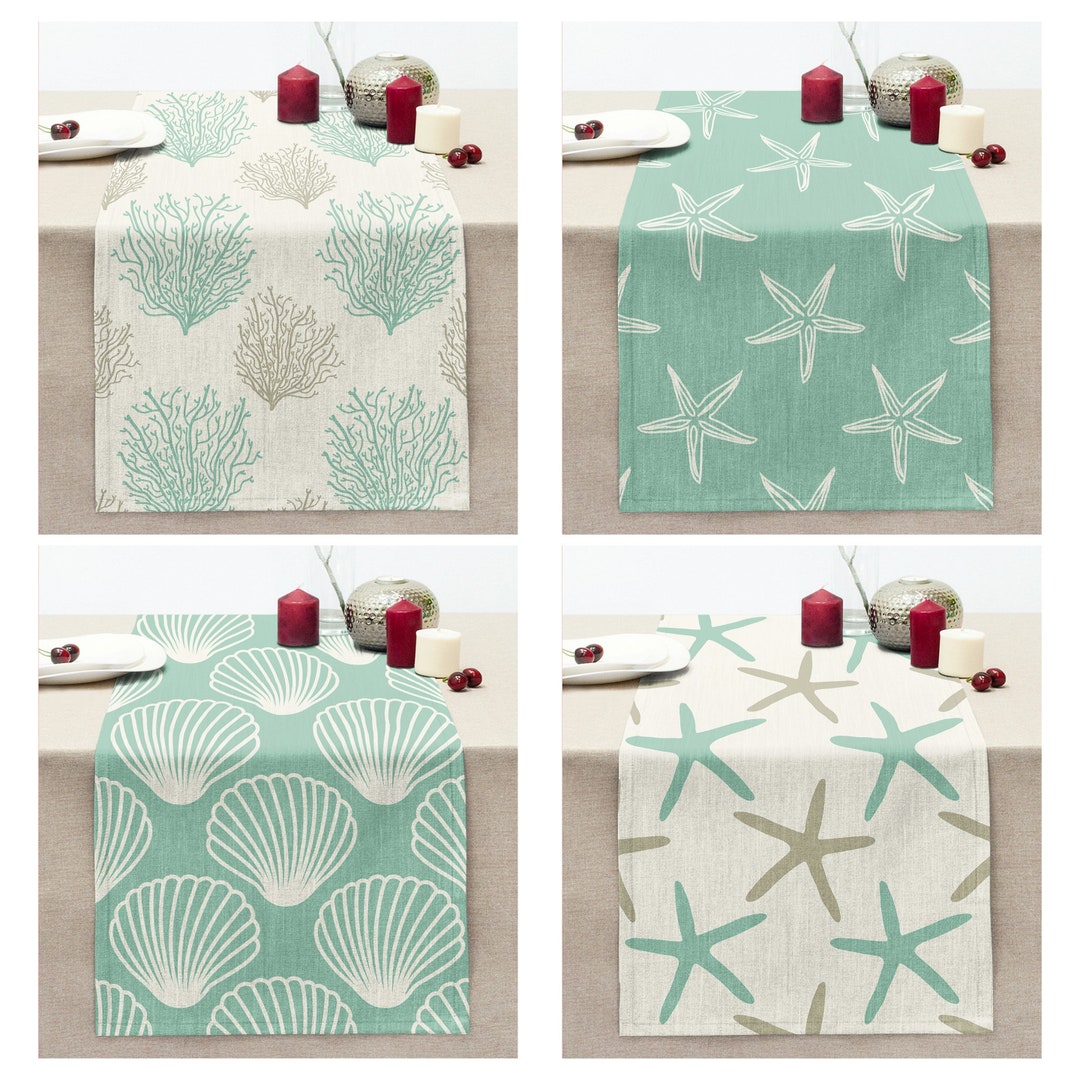 Coastal Sea Pattern Table Runner, Seashell Table Cloth, Water Green ...