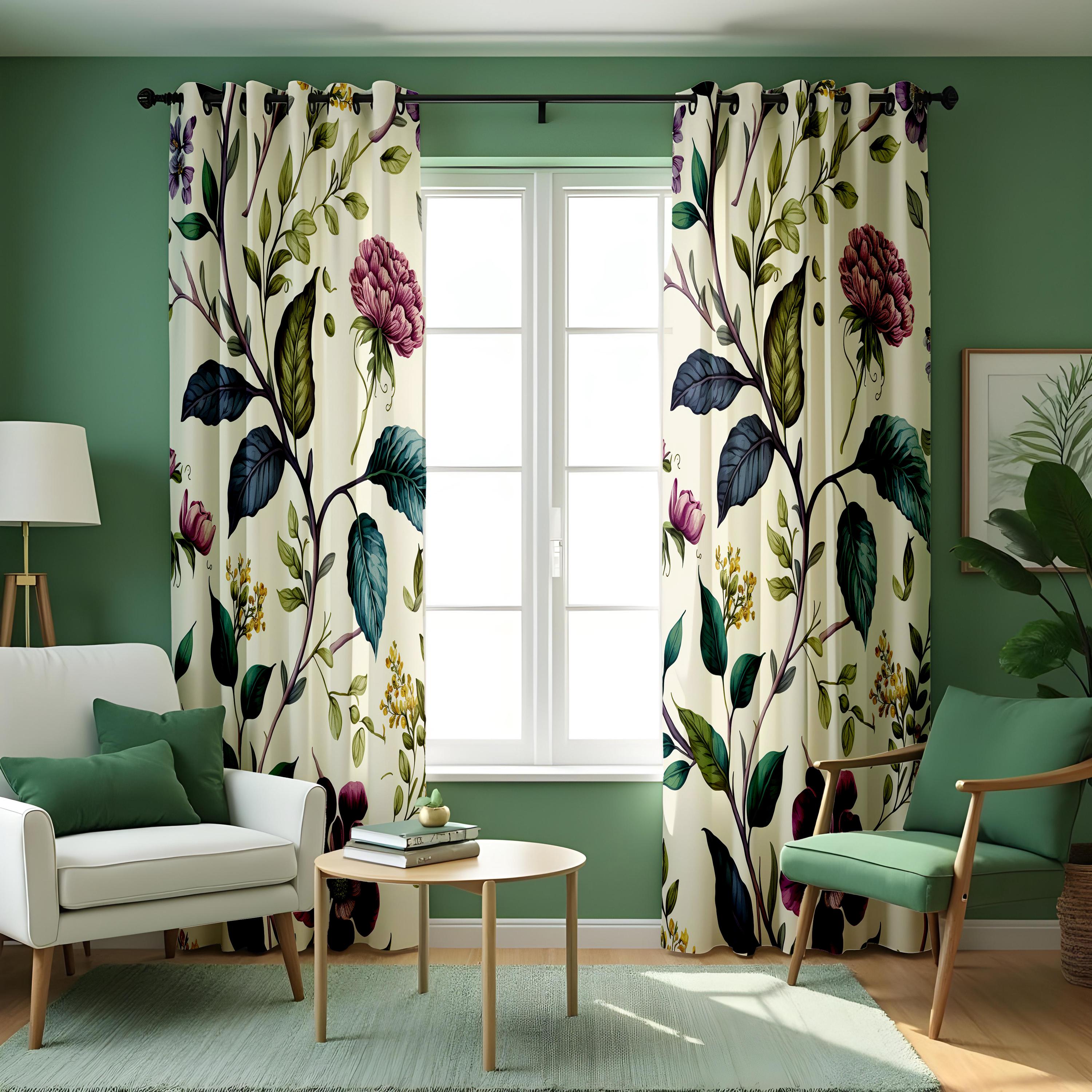 Floral Print Curtains, Botanical Flower Window Treatments, Spring Theme ...