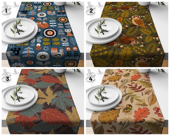 Autumn Owl Fox Pattern Table Runner/autumn Owl Green Brown - Etsy