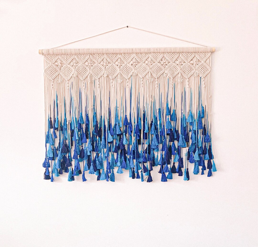Cool Blue Extra Large Macrame Wall Hanging With Tassels/ Macrame ...