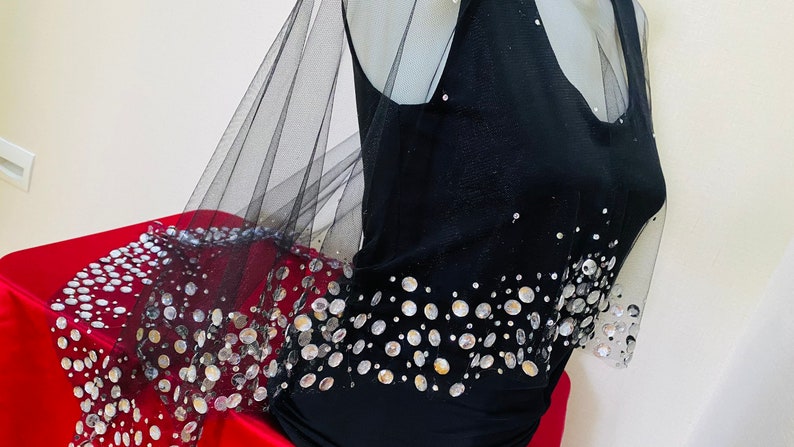 Women Wedding Black Crystal Shawl, Cape Bolero Jacket Tulle Cloak Tole ...