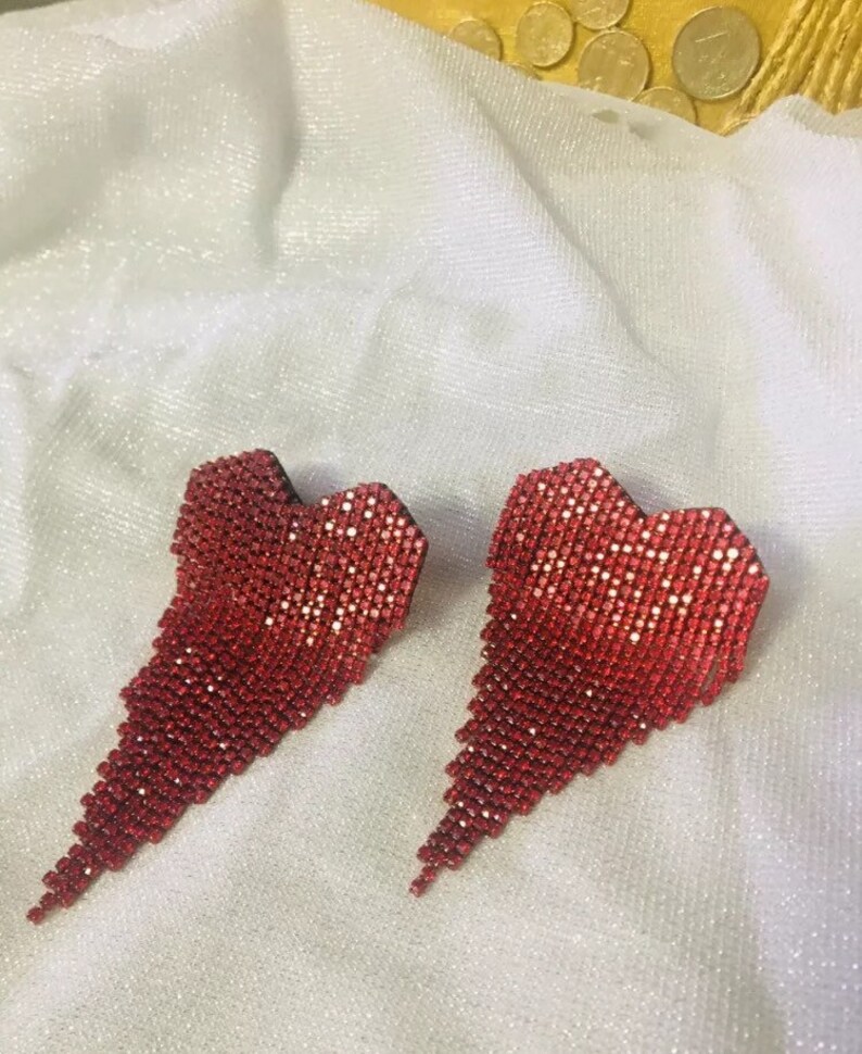 Handmade Heart Rhinestone Waterfall Earrings Love Earrings Valentine ...