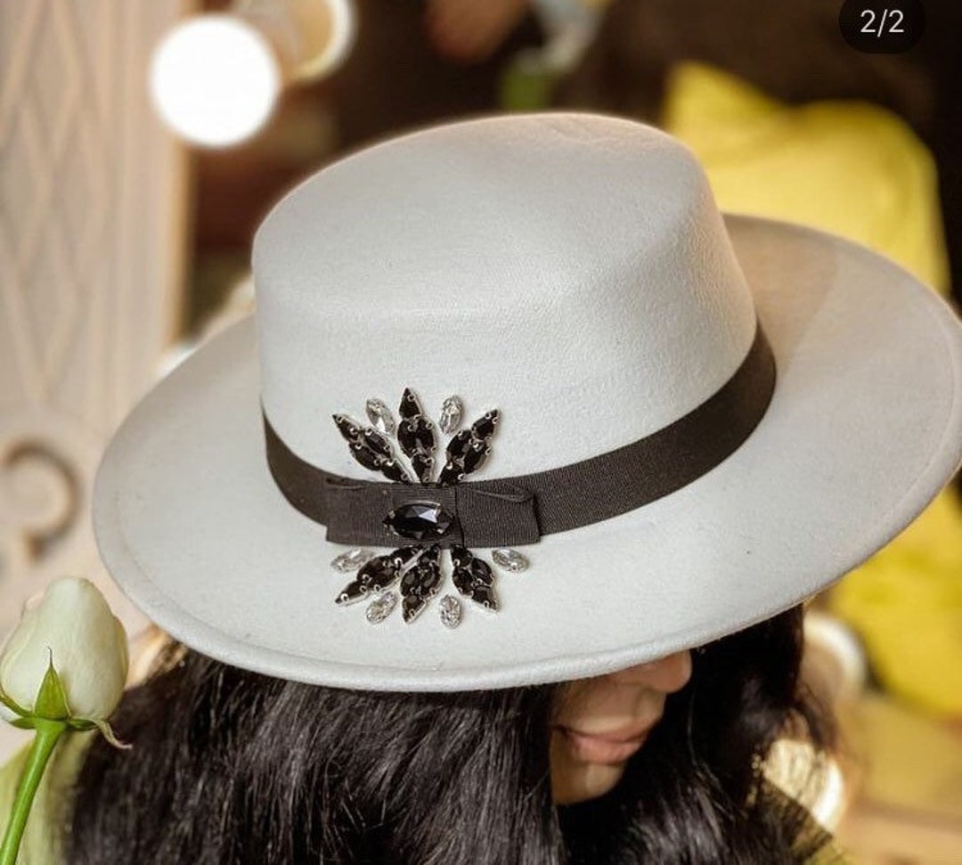 Handmade Beaded Crystal Wide Brim Fedora Hat Panama Rhinestone Hat ...