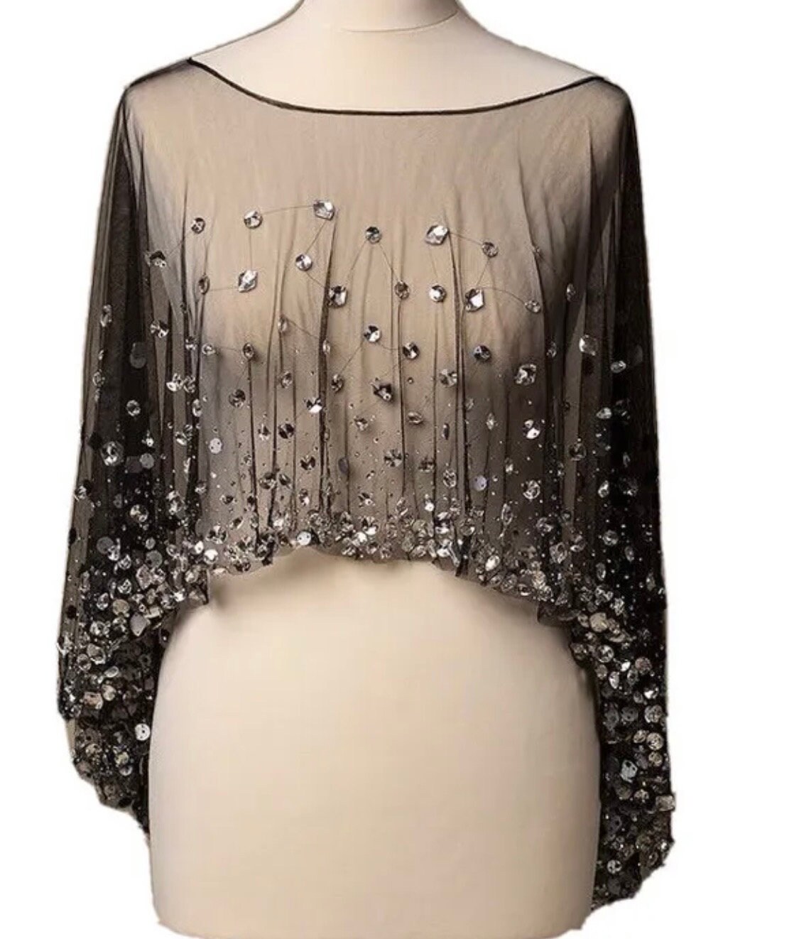 Women Wedding Black Crystal Shawl, Cape Bolero Jacket Tulle Cloak Tole ...