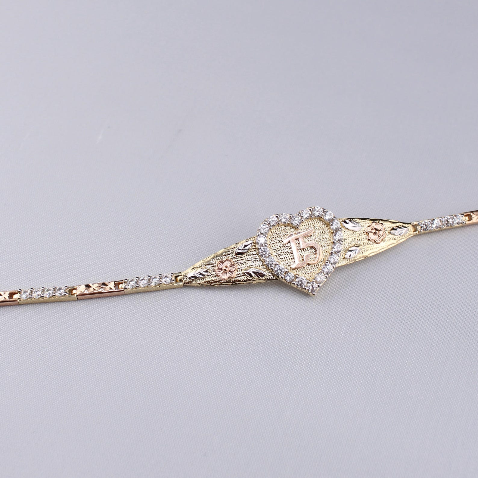 10k Solid Gold Quinceanera Heart CZ Bracelet: Elegant Crown Jewelry - Etsy