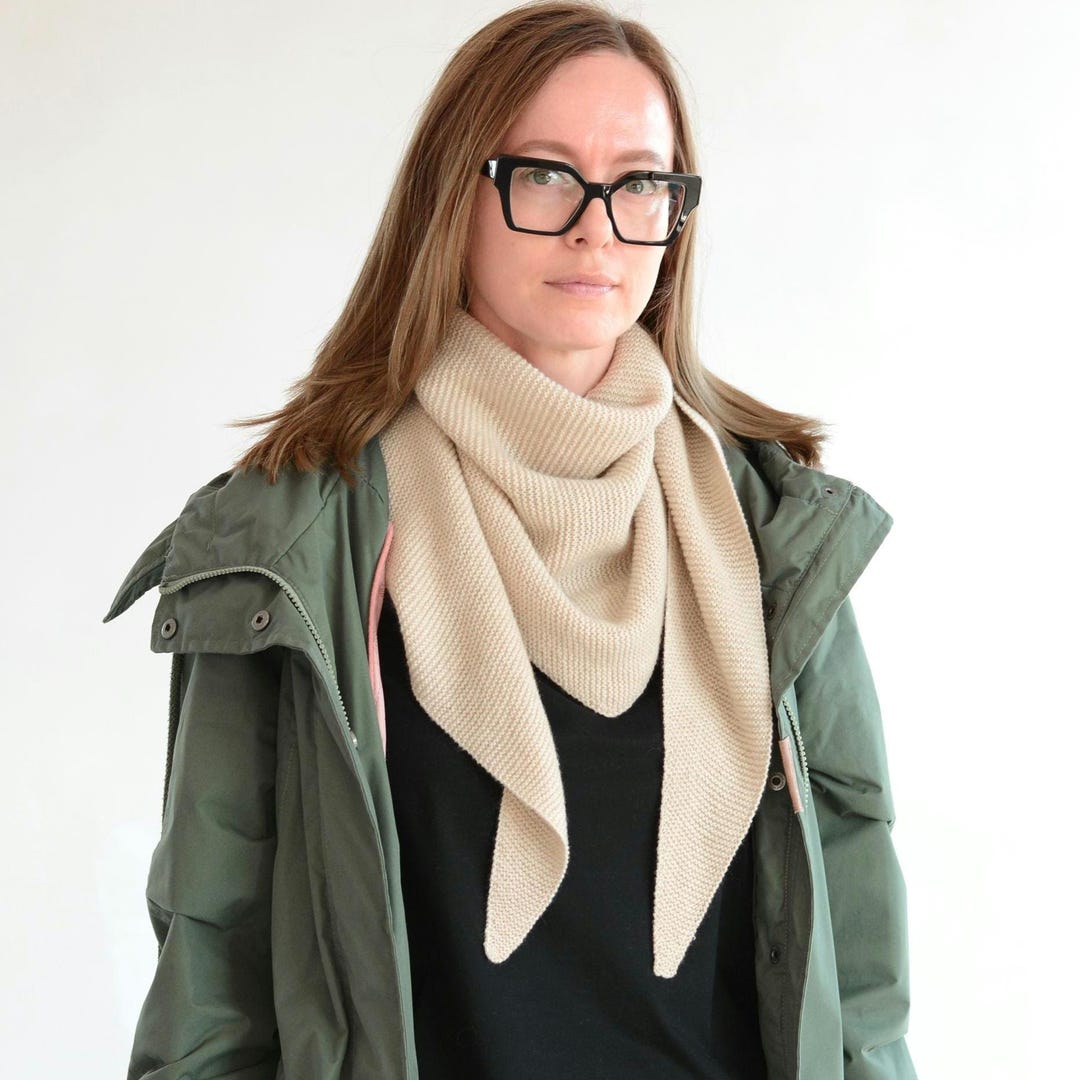 Cashmere Scarf, Triangle Scarf, Hand Knit Scarf, Knit Head Scarf, Beige ...