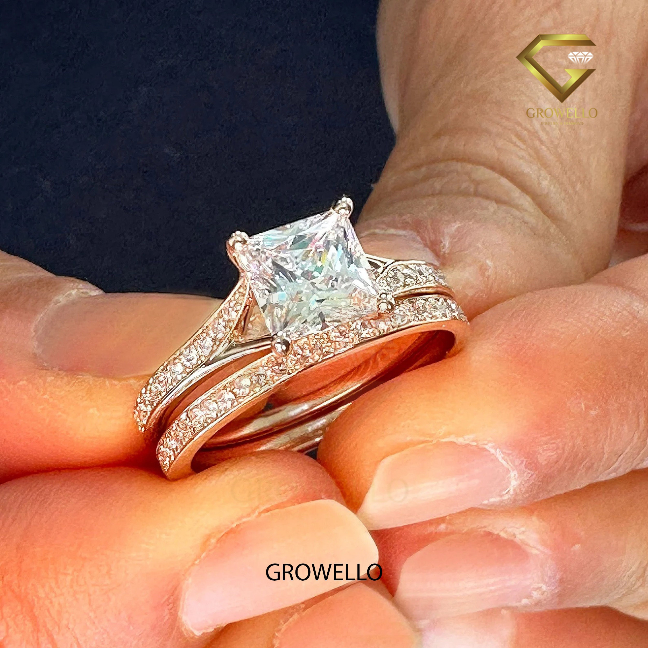 2CT Princess Split Shank Bridal Set, Solid Gold, Lab Grown Diamond or ...