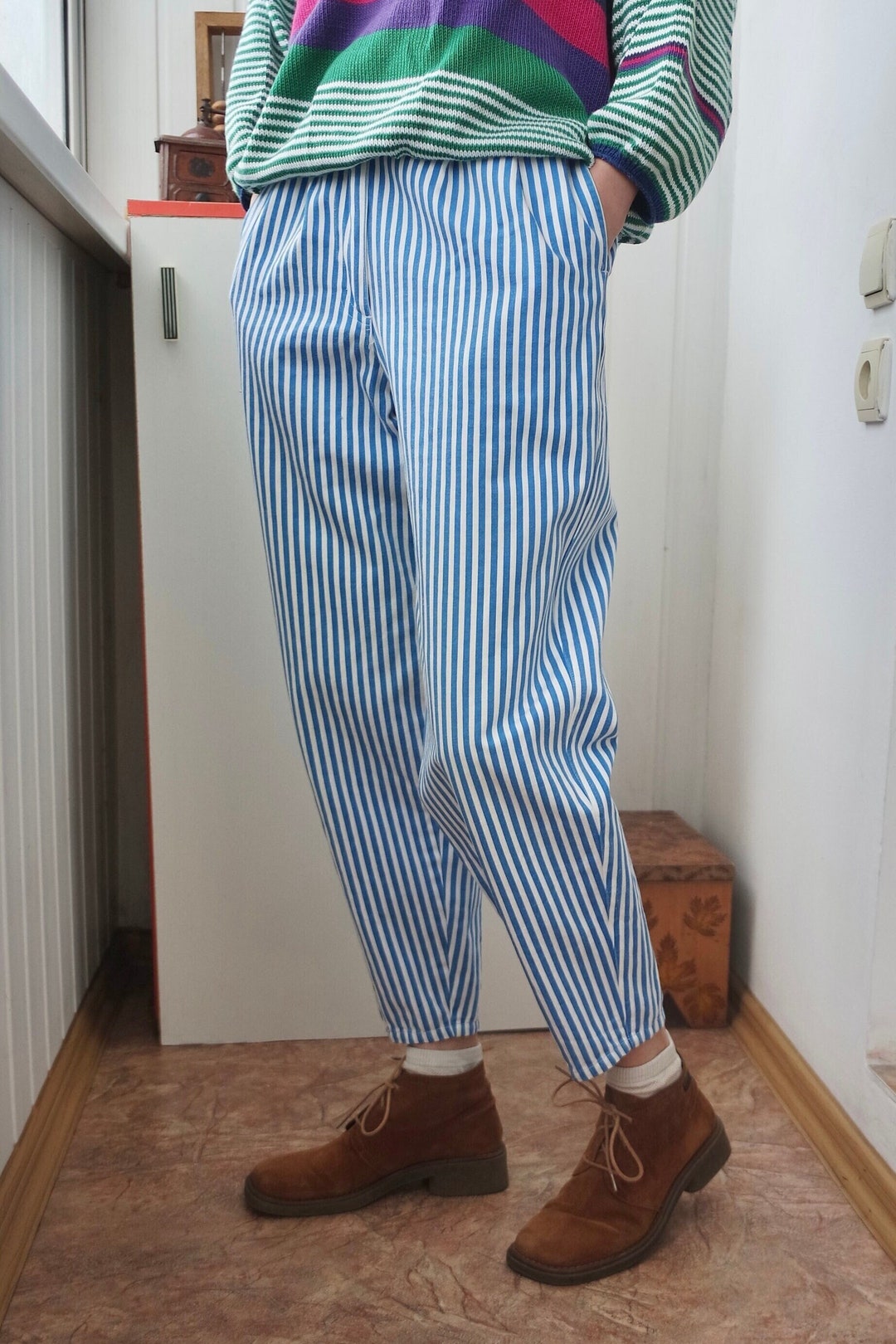 80s Baggy Pants for Cricket, Golf | Womens Striped Pants | 80s Pleated ...