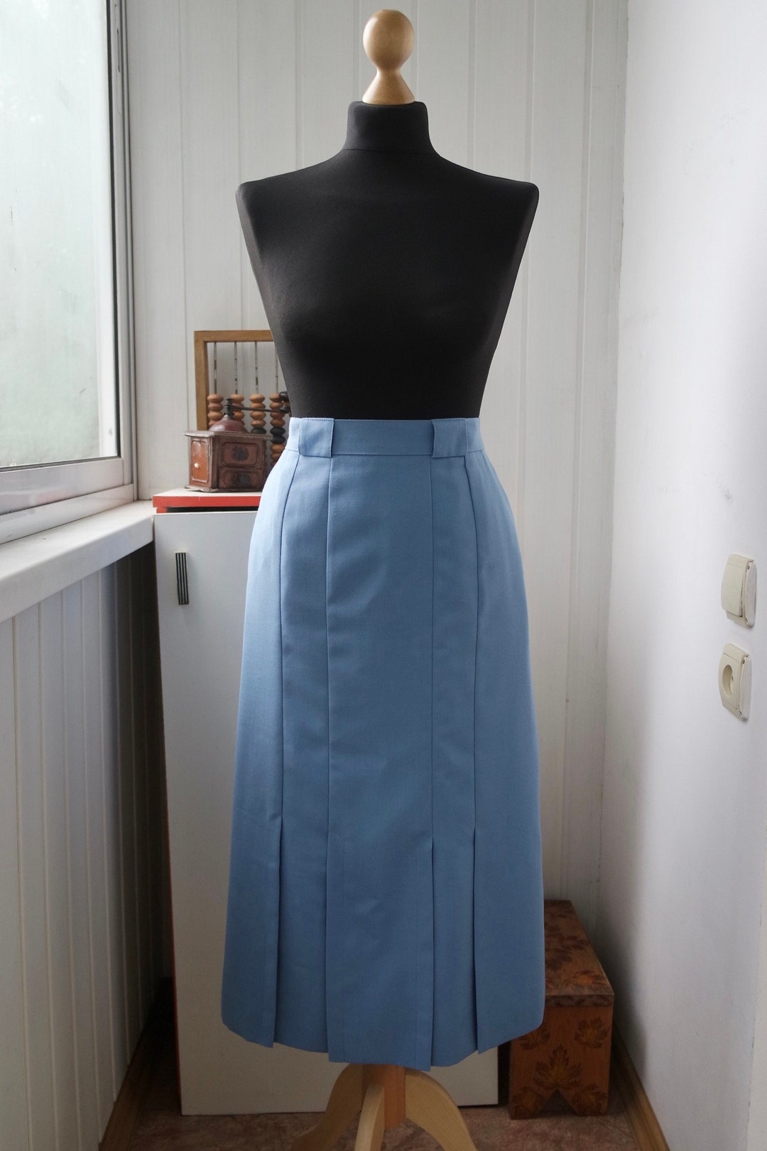 80s Wool Pencil Skirt Baby Blue Skirt Inverted Pleat Skirt Warm Winter ...