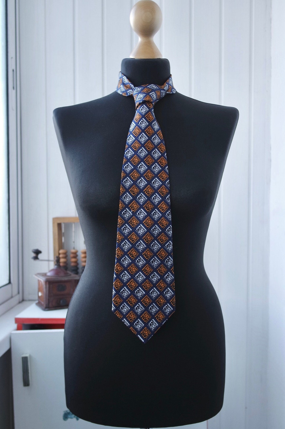 Silk 70s Kipper Tie, Blue Brown | Extra Wide Necktie | Art Deco Necktie ...