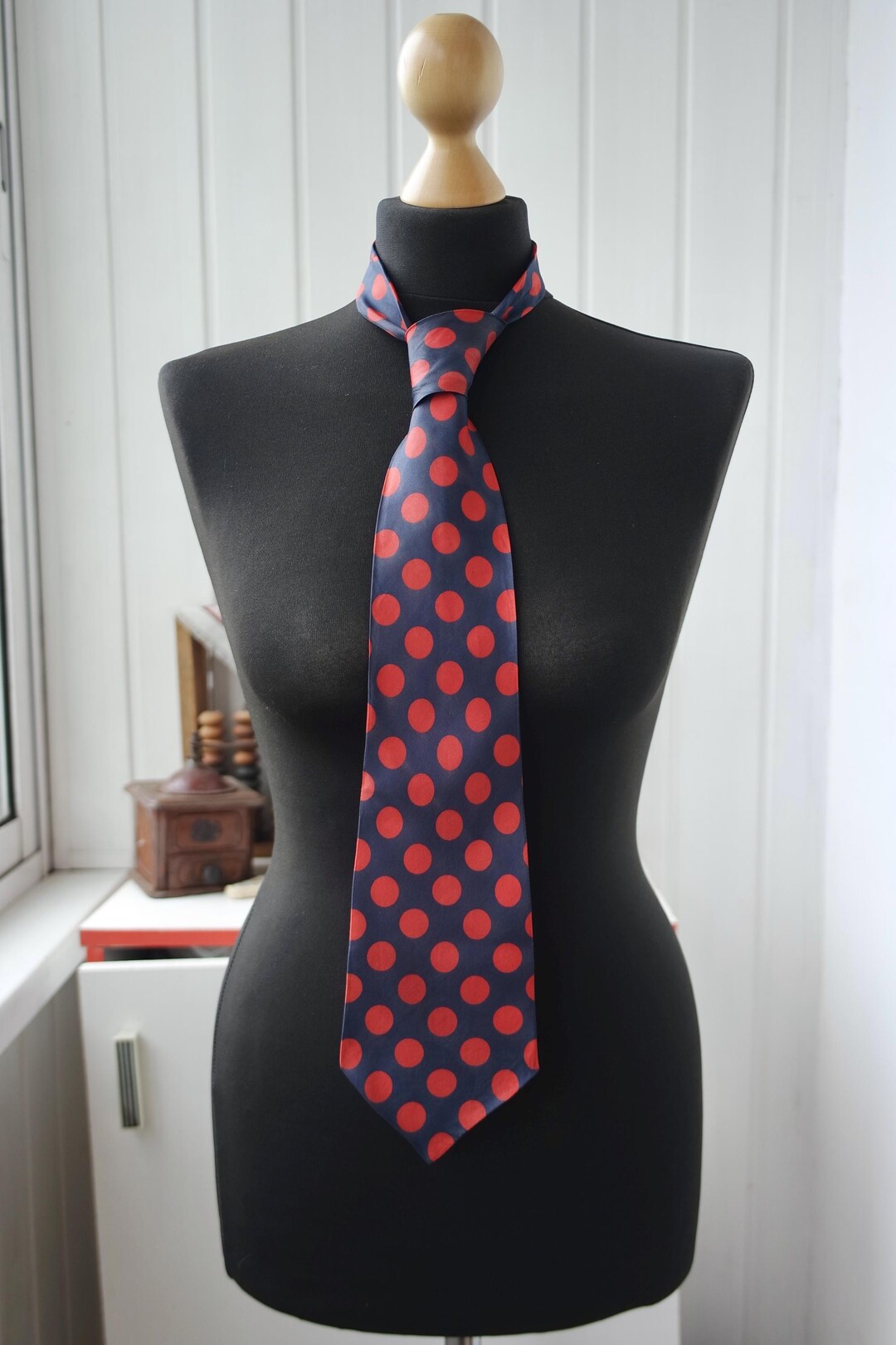 1960s London Style Kipper Tie – Navy & Red Polka Dots, Extra Wide, Mod ...