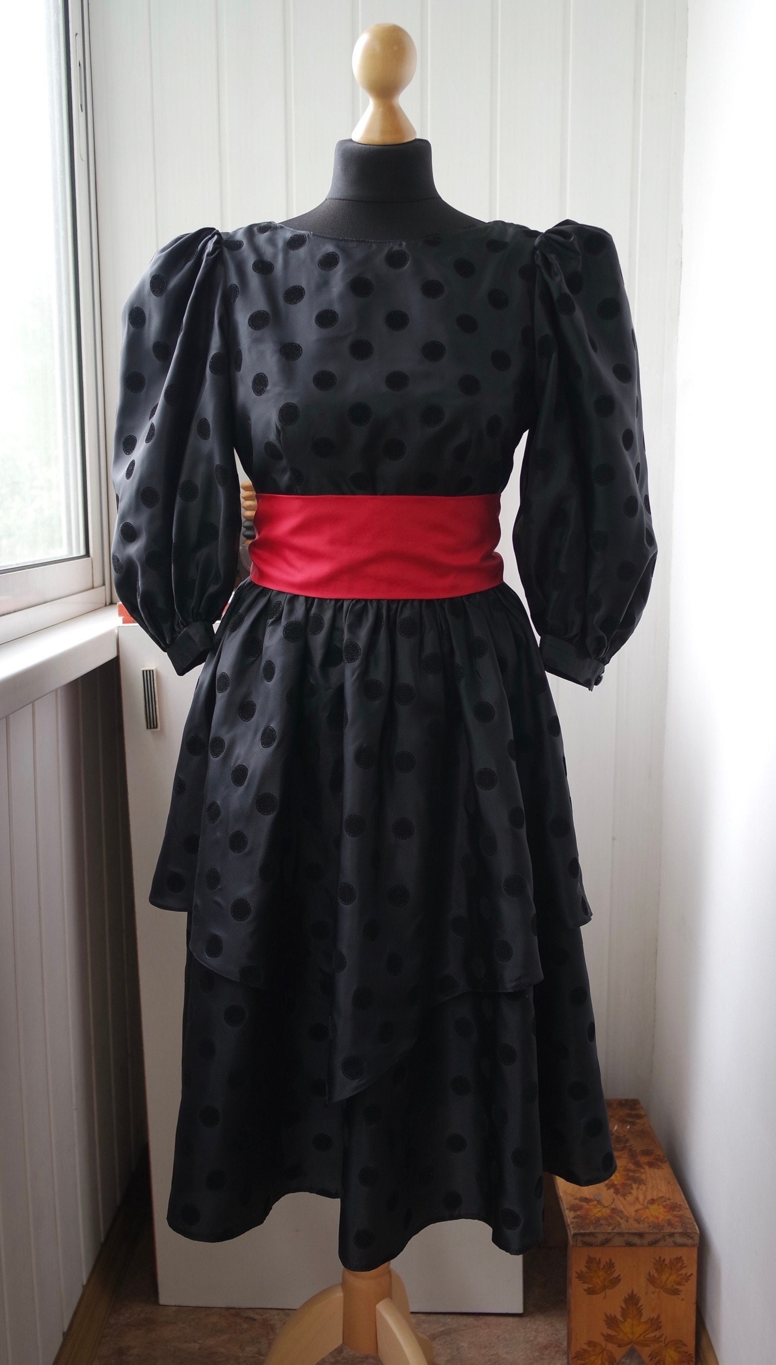 80s Retro Cocktail Dress Black Taffeta Dress Polka Dot - Etsy